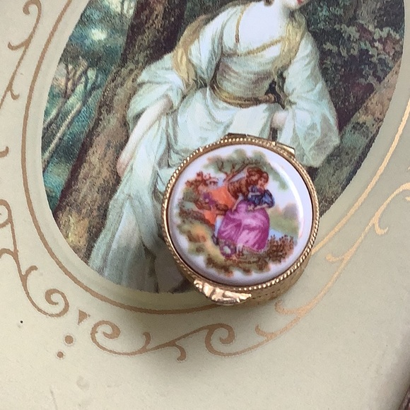Accessories | Vintage Porcelain Goldtone Pill Box Embossed Hinged Box ...